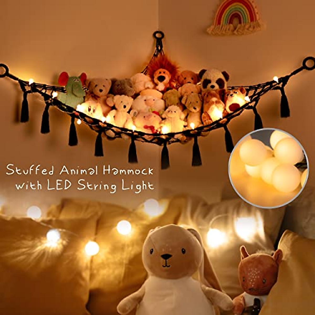 Stuffed Animal Net or Hammock with Light,Yewiwin Macrame Hanging Net Hammock for Stuffed Animal Toy Storage Organizer Boho Decor Room Holder for Nursery Play Room Bedroom (Black)