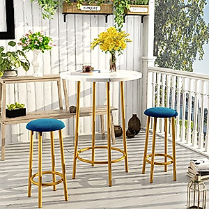 DKLGG 3 Piece Bar Table Set, Small Kitchen Table Set for 2, 24'' Round Pub Height Table Set with Faux Marble Table and 2 Stools Breakfast Nook Dining Table Set for Small Spaces, Dining Room, Blue