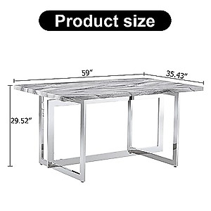 TesNus Marble Dining Table, Modern Rectangular Faux Marble Dining Table for 6 with Metal Legs for Kitchen Dining Living Room (Grey+Sliver)