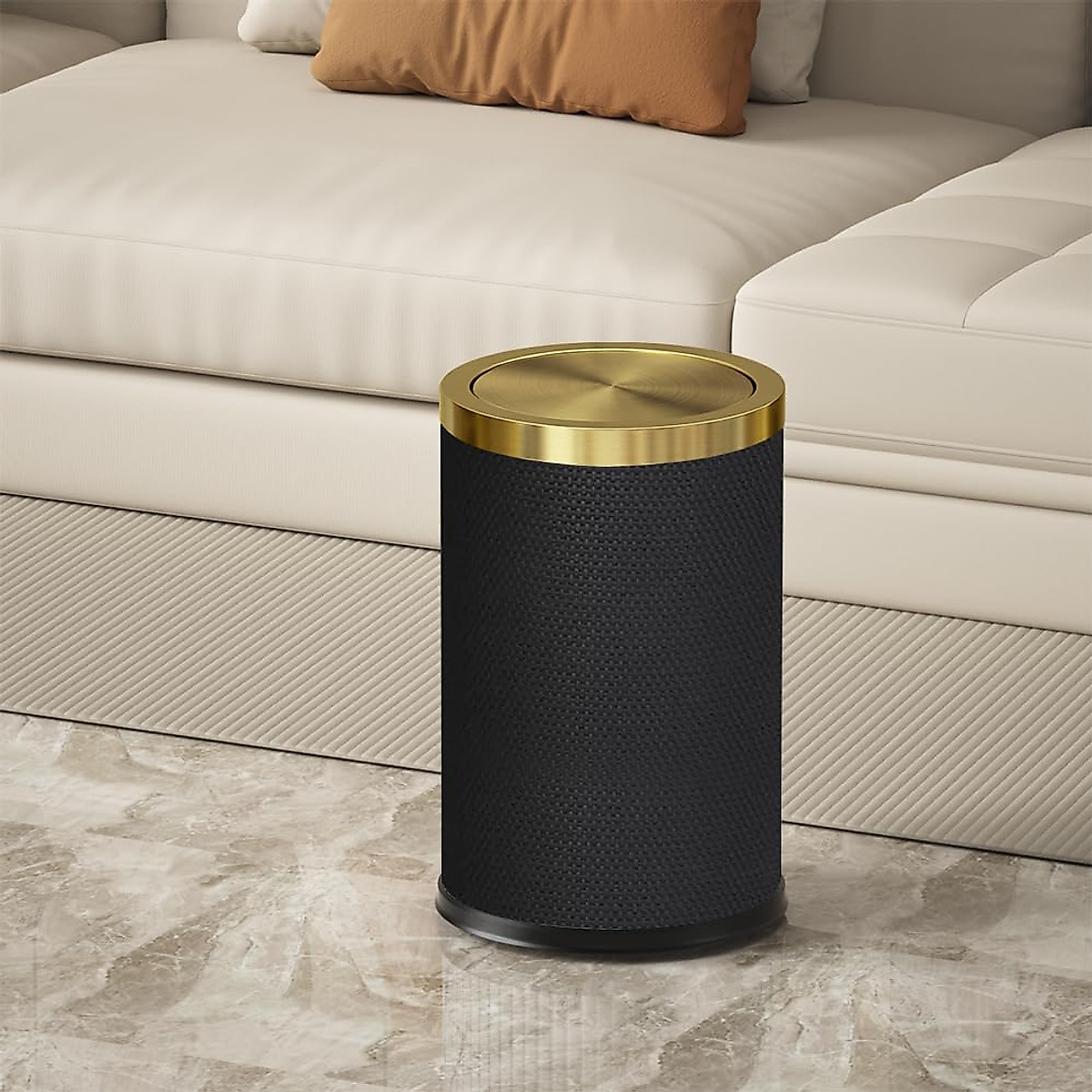 LEASYLIFE 9L/2.3GAL Small Trash Can with Swing Lid,Fancy Gold Waste Paper Baskets for Bathrooms,Gold Trash Can for Bathroom,Bedroom, Powder Room,Office,Laundry Room (9L-Black)