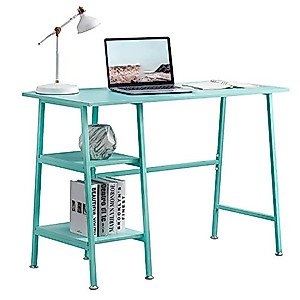 VECELO 43" Home Office Desk, Computer Study Workstation with 2 Tier Storage Shelf on Left or Right for Kids'Room, Small Spaces, Teal