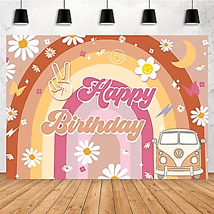 Aperturee 7x5ft Happy Birthday Backdrop Daisy Floral Groovy Photography Backdrop Girls Bday for Newborn Boho Rainbow Bus Party Decorations Cake Table Supplies Banner Photo Booth Props