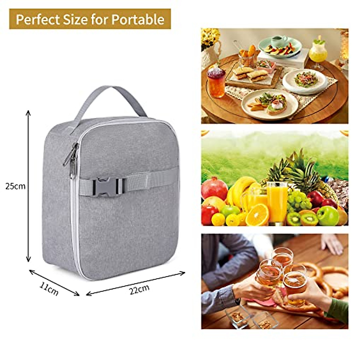 Insulated Lunch Bag for Women Men Work Lunch Pail Cooler, Reusable Thermal Soft Leakproof Lunch Box for Adult Office Lunch Tote Bag Fit Travel Picnic (Gray)