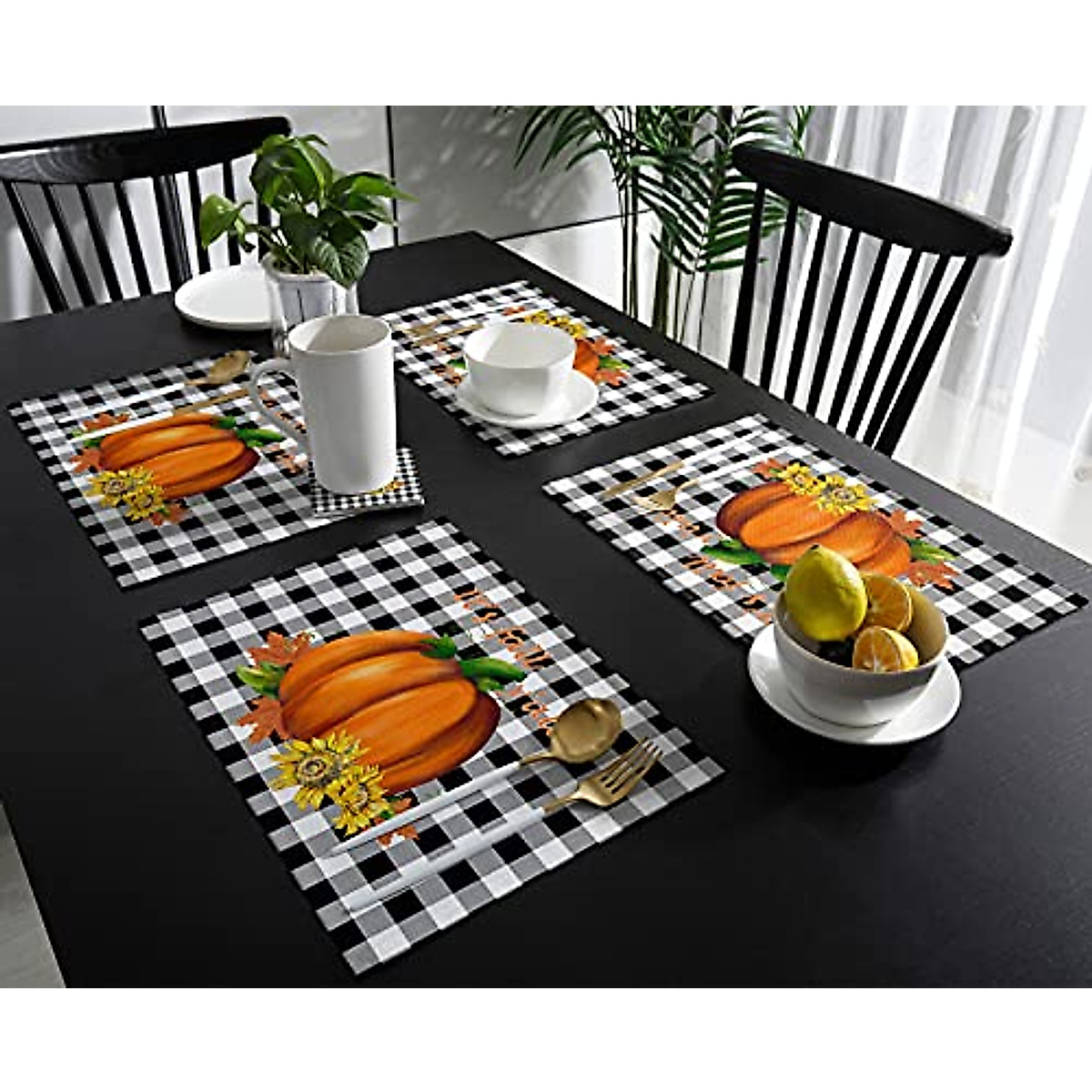 Thanksgiving Pumpkin Placemats for Kitchen Dining Table Decor Autumn Leaf Sunflower It's Fall Y'all Placemats Black White Buffalo Plaid Table Mats for Thanksgiving Party Holiday Fall Decor- Set of 4