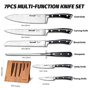 Kitchen Knife Set TICWELL 7 Pieces High Carbon German Stainless Steel, Professional Knife Set with Wooden Block, Knife Sharpener, Dishwasher Safe, Best Gift