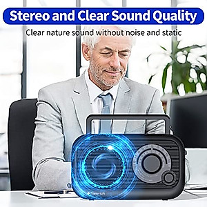 AM FM Radio with Best Reception, Bluetooth Speaker Portable Radio, DSP Plug in Wall Radio Battery Operated or AC Power with Headphone Jack, Large Tuning Knob for Home Kitchen Outdoor, Black