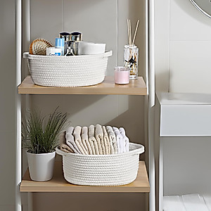 4 Pack Small Woven Basket with Handles, All 12"x 8"x 5", Cotton Rope Room Shelf Storage Basket, Cat Toys, Cute Baby Gift Basket with Gift Bags and Ribbons for Nursery, Empty Decorative Gift Chest Box