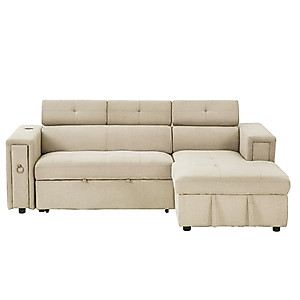 96" Multi-Functional Pull-Out Sofa Bed L-Shape Sectional Sofa with Adjustable Headrest, Wireless Charging, Cup Holders and Hidden Storage for Living Room, Bedroom, Office, Beige