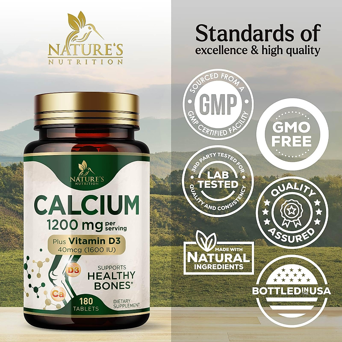Calcium 1200 mg with Vitamin D3, Calcium Supplement Vitamins, Supports Bone Strength, Teeth & Immune System, Calcium Supplements for Women & Men, Nature's Absorbable Calcium Carbonate - 180 Tablets