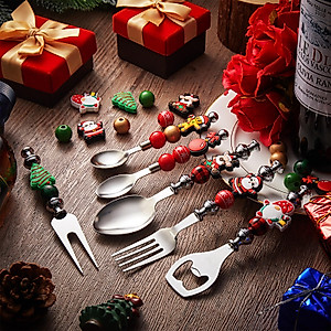 Gisafai 12 Sets Christmas Beadable Spoon Fork Set Beadable Items Christmas Kitchen Utensils Xmas Cutlery Bead Dessert Spoon for Christmas Party Favor Supplies