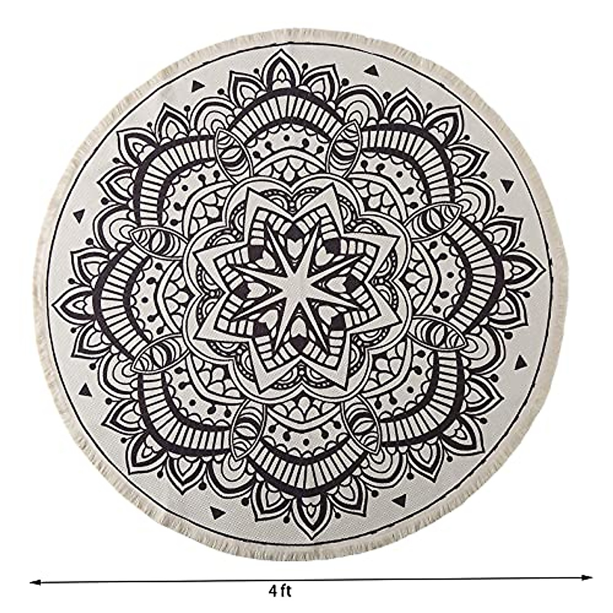 Jucoan 4Ft Round Cotton Area Rug, Chic Decorative Boho Mandala Circle Rug with Tassels, Washable Indoor Floor Throw Area Rug for Living Room, Kid Playroom, Nursery Room