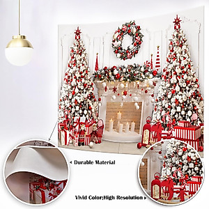 Mocsicka Christmas Fireplace Backdrop White Red Christmas Tree Photography Background Winter Christmas Family Kids Holiday Party Banner Decorations Photo Booth Props (Red, 10x7ft(120''x82''))