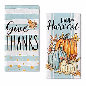 Seliem Thanksgiving Give Thanks Fall Kitchen Dish Towels Set of 2, Happy Harvest Autumn Pumpkin Hand Towels Drying Baking Cooking Cloth, Maple Leaves Stripes Farmhouse Home Kitchen Decor 18x26 Inch
