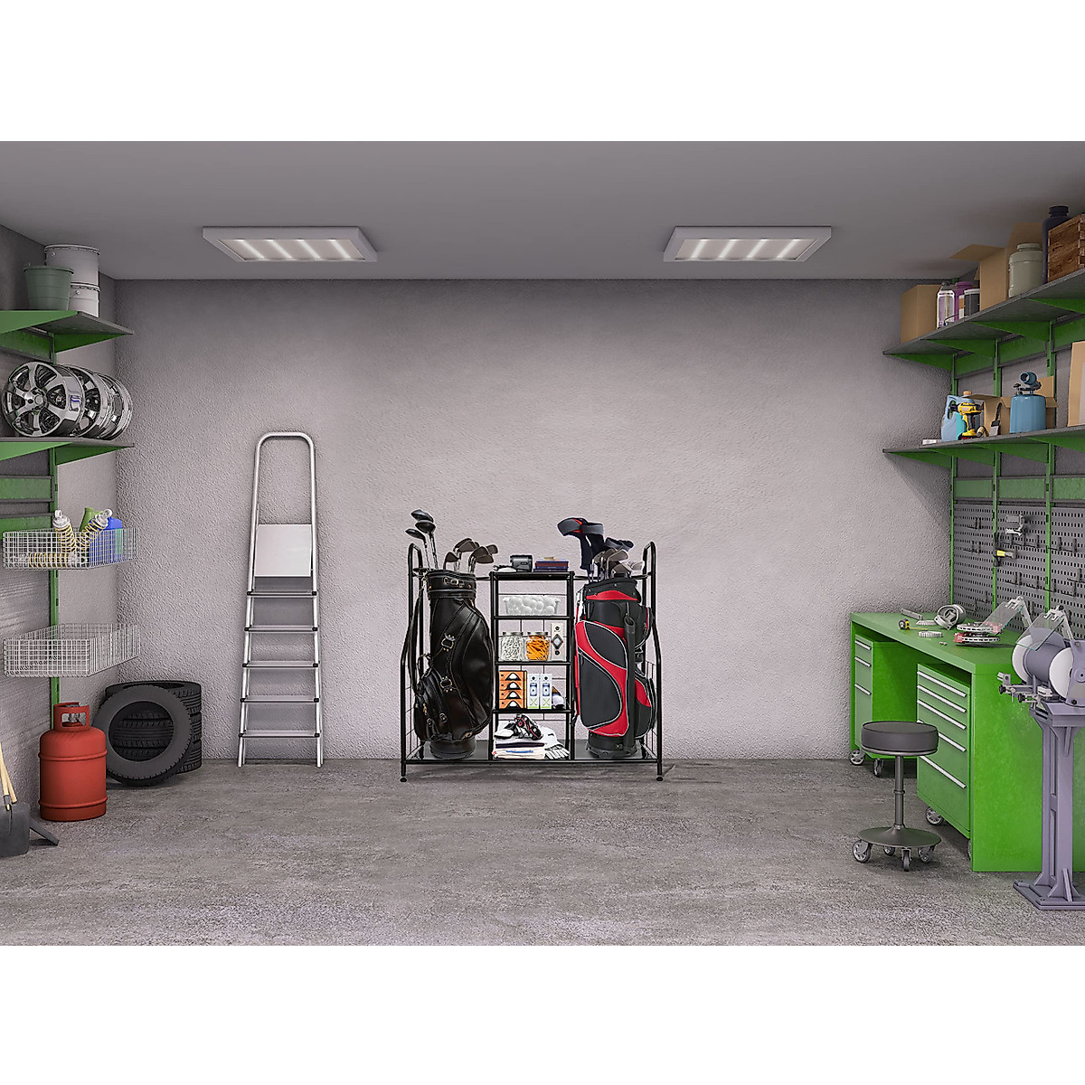 Morvat Golf Organizer Extra Large Double Metal Black Stand Perfect Way to Store & Organize Your Golfing Bags, Clubs, Balls, Gadgets, Accessories & Equipment in Shed, Basement, and Garage