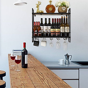 Hadulcet Wine Bottle Stemware Glass Rack, Industrial 2-Tier Wood Shelf, Wall Mounted Wine Racks with 5 Stem Glass Holders for Wine Glasses, Flutes, Mugs, and 2 Metal Basket for Storage, Rustic Brown…