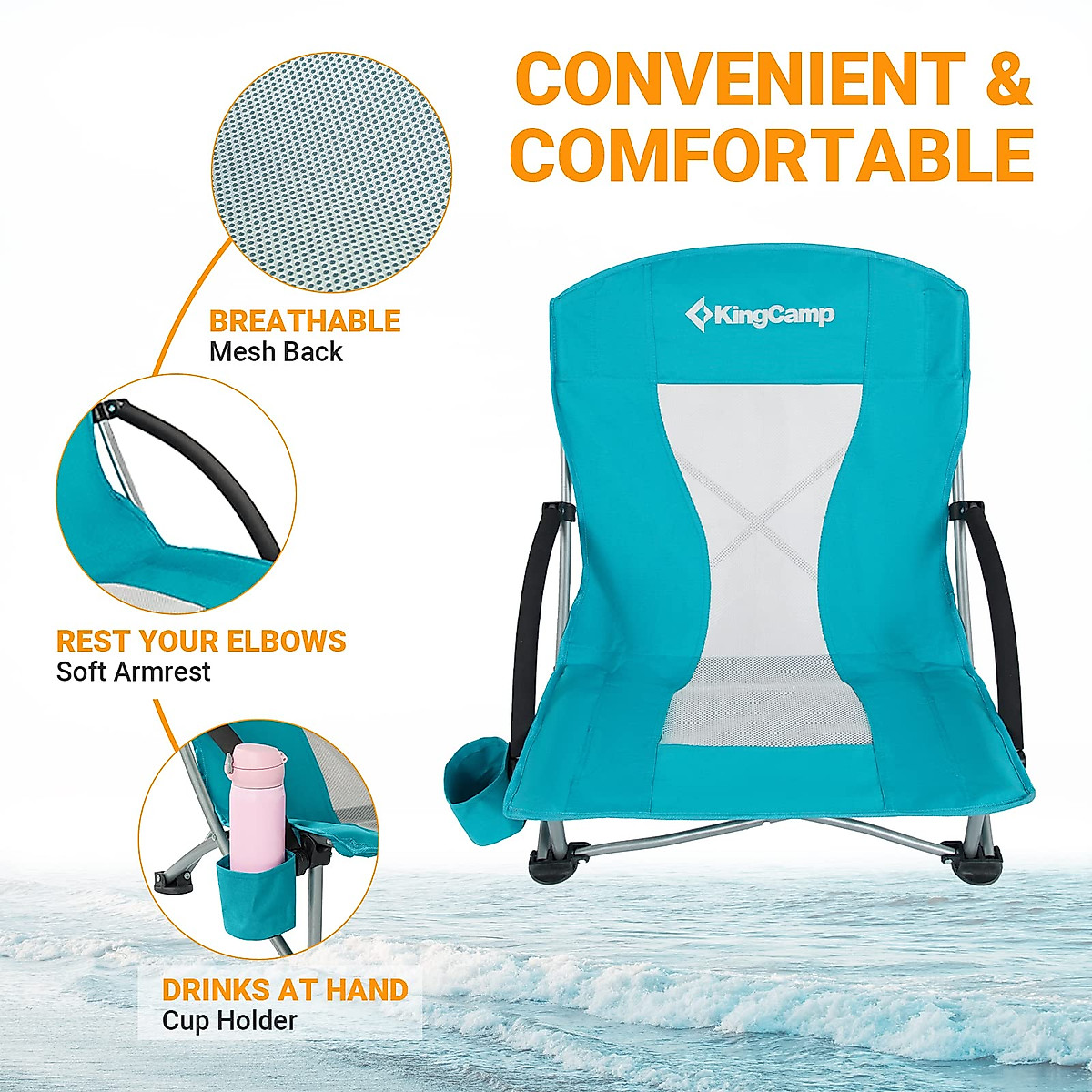 KingCamp Double Small Folding Portable Lightweight Low Sitting Sand Chair Beach Chairs for Adult with Cup Holder, Carry Bag Padded Armrest for Outdoor Beach Concert Traveling Festival BBQ