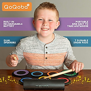 QoQoba Electronic Drum Set for Kids | Adult Beginner Pro MIDI Drum Practice Pad Kit w/Headphone Jack | Drum Sticks | Great Holiday Birthday Gift for Kids Drum Set (RAINBOW)