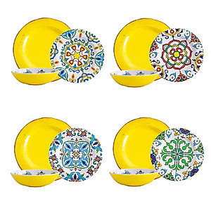 MissYIP Melamine Dinnerware Set, 12 Pcs Melamine Dishes Service for 4, Floral Melamine Plates and Bowls Sets, for Indoor and Outdoor Use, Dishwasher Safe, Lightweight Unbreakable,BPA Free (Colorful)