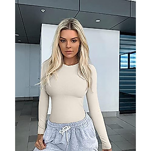 OQQ Women's 3 Piece Long Sleeve Shirt Crew Neck Stretch Fitted Underscrubs Layer, Black Coffee Beige, Large