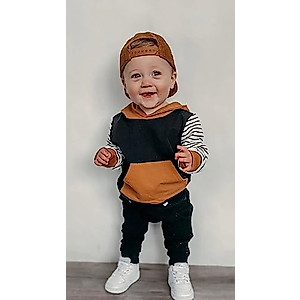 Hoanselay Toddler Baby Boy Color Block Sweatsuit Clothes Long Sleeve Hoodie Sweatshirt Top and Pants Fall Winter Outfit Set (Black, 18-24 Months)