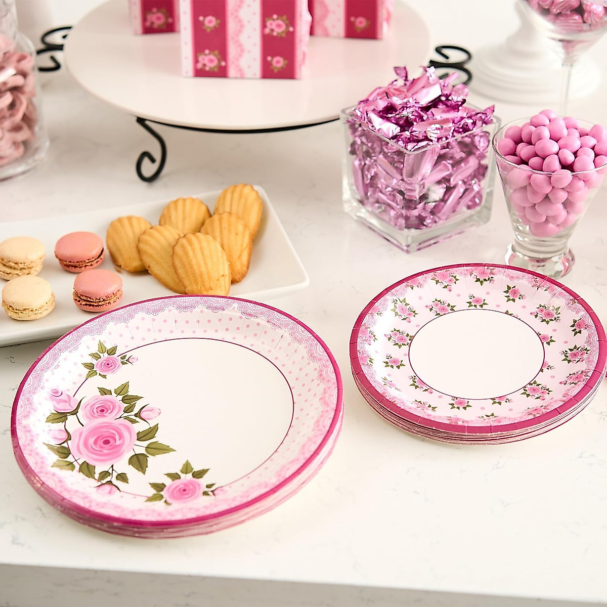 Royal Bluebonnet Paper Plates and Napkins Sets – Set of 24 – Paper Plates and Napkins and Cups, Rose Floral Tea Party Decorations, Paper Plates