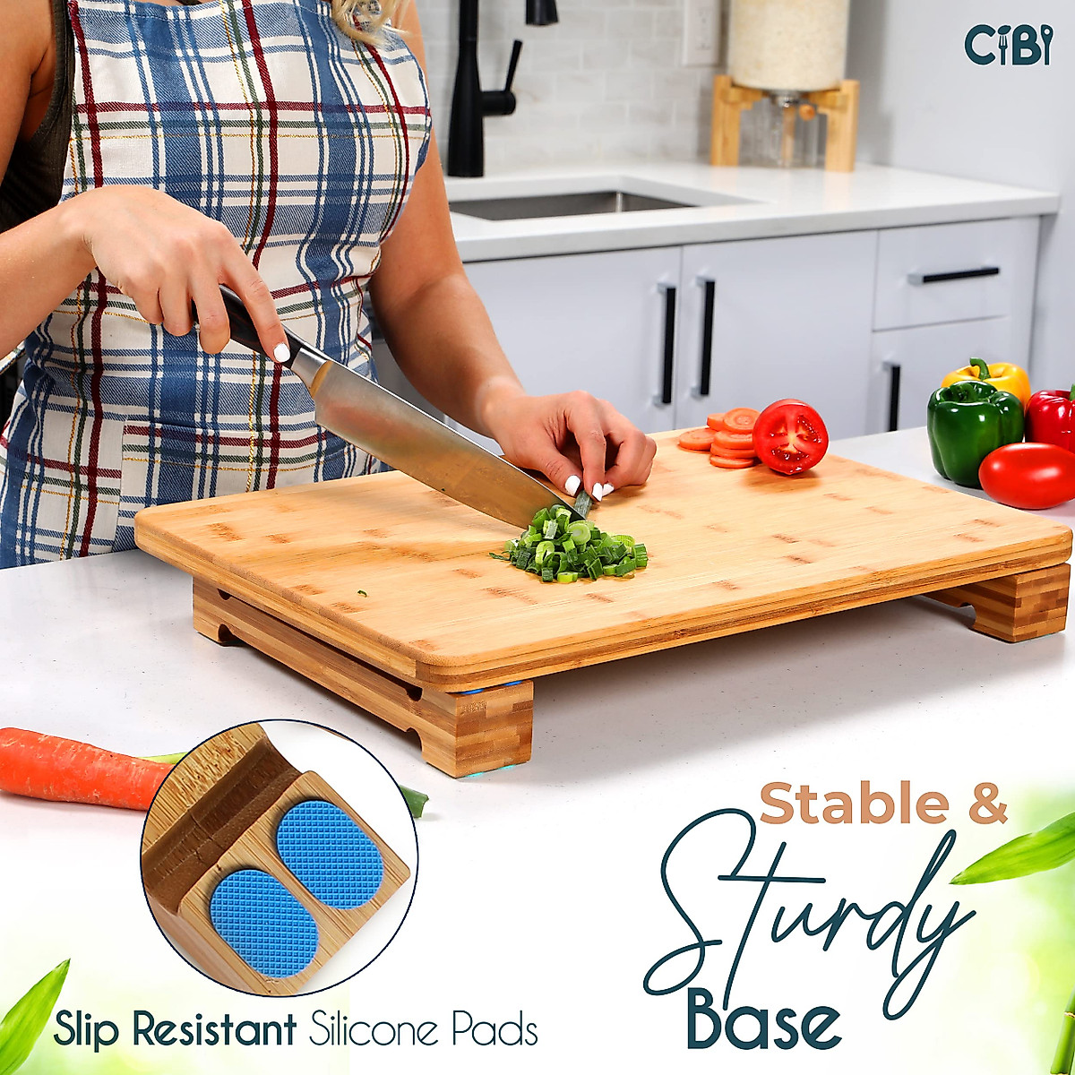 Cibi Kitchens Bamboo Cutting Board Legs - 2Pcs Wood Cutting Board Feet with Silicone Non Slip Pads, 4.5cm x 5cm x 50cm Wood Riser Elevates the Cutting Board