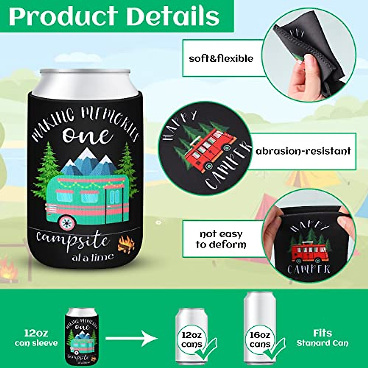 12 Pcs Camping Can Sleeves Happy Camper Neoprene Can Sleeves Soda Can Beverage for Camping Picnic Outdoor Activities Supplies Camper Decor RV Decorations for Inside Camper