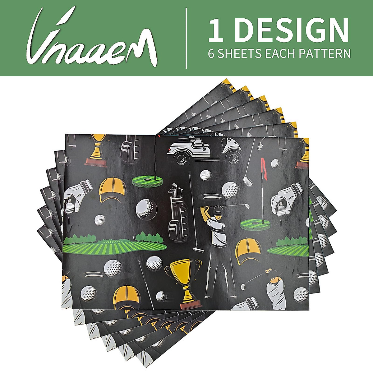 Vnaaem Golf Wrapping Paper 6 Pc Black Golf Sports Gift Wrap Paper for Men Boys Grandpa Birthday Baby Shower Holiday Fathers Day,19.6 X27.8Inch