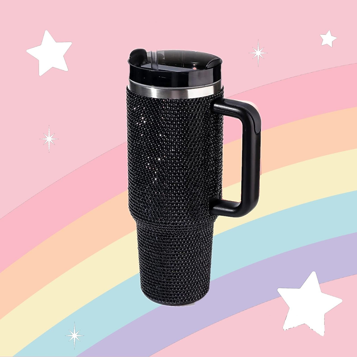 40 oz Black Bling Tumbler With Handle Rhinestones Tumbler With Lid and Straw Fix for Car Cup Holder Insulated Stainless Steel Double Wall Water Cup Travel Mug Tumbler.