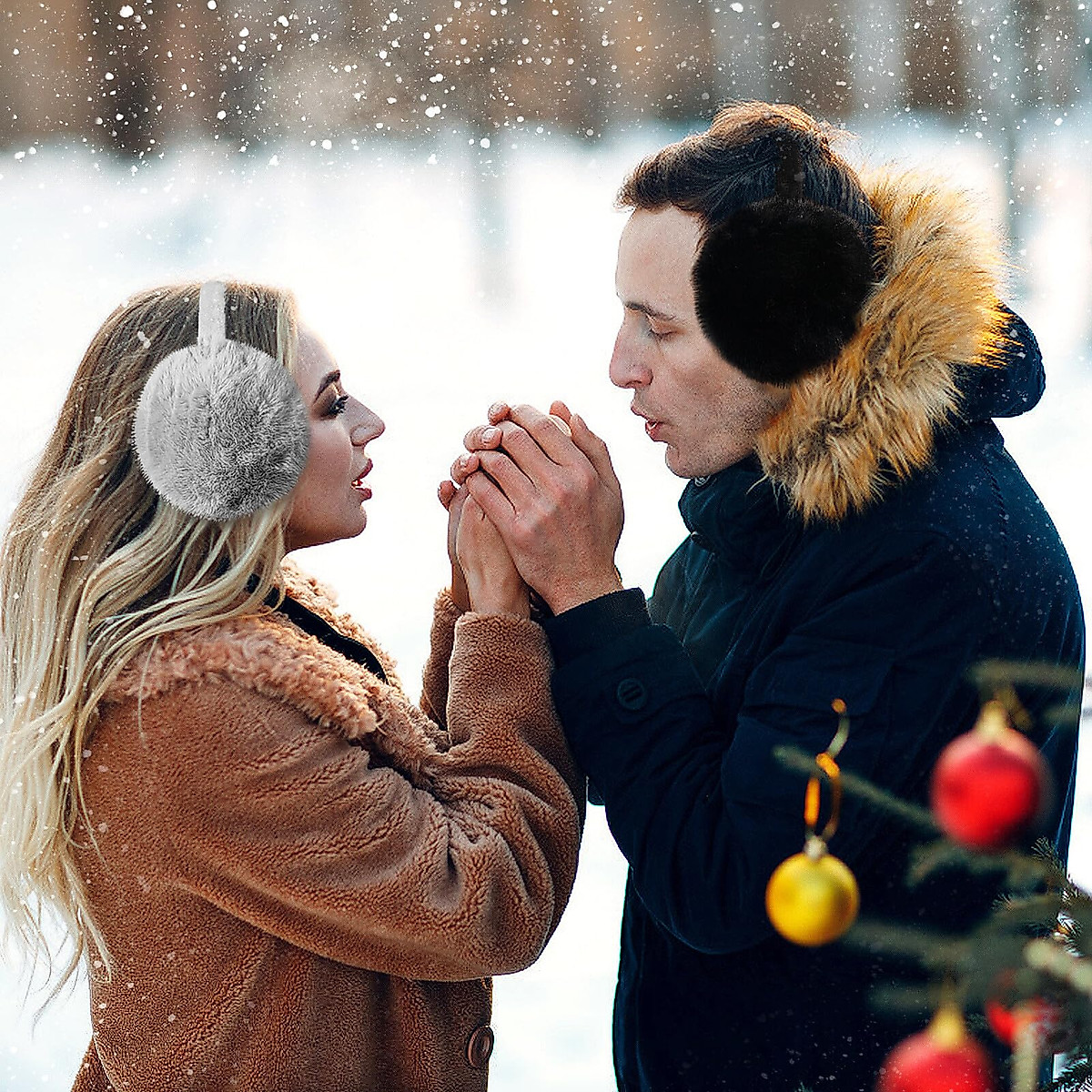 MADHOLLY 2 Pack Upgraded Adjustable Faux Fur Earmuffs- Soft Warm Ear Muffs for Winter Women Men- Ear Covers Ear Warmers for Most Adults (Black & Gray)