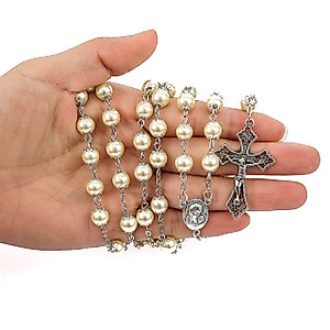 Nazareth Store Pearl Cream Beads Rosary Necklace Holy Soil Medal and Cross Catholic Rosaries for Women, Men
