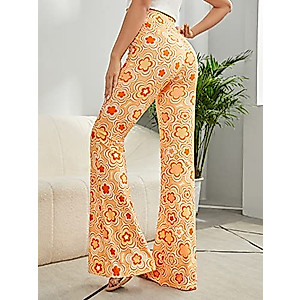 WDIRARA Women's Heart Print Elastic High Waist Flare Leg Stretch Casual Pants Floral Multicolor S