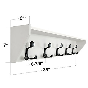 SKOLOO Wall Shelf with Hooks, 35-Inch White Coat Rack Wall Mount with Shelf Organizer - Heavy Duty, 5 Tri Hooks - Perfect for Entryway, Hallway, Living Room, Bedroom, Mudroom