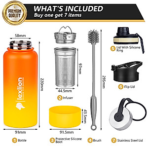 lexlion Water Bottle 32 Oz, Triple Walled Insulated Stainless Steel Reusable, Wide Mouth, Fruit Diffuser-Thermal Leaf Infuser, Silicone Sleeve&Cleaning Brush, 3 Lids Leak Proof, Metal