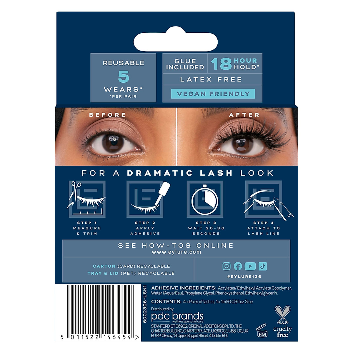 Eylure False Lashes, Definition No. 126 with Adhesive Included, 4 Pairs
