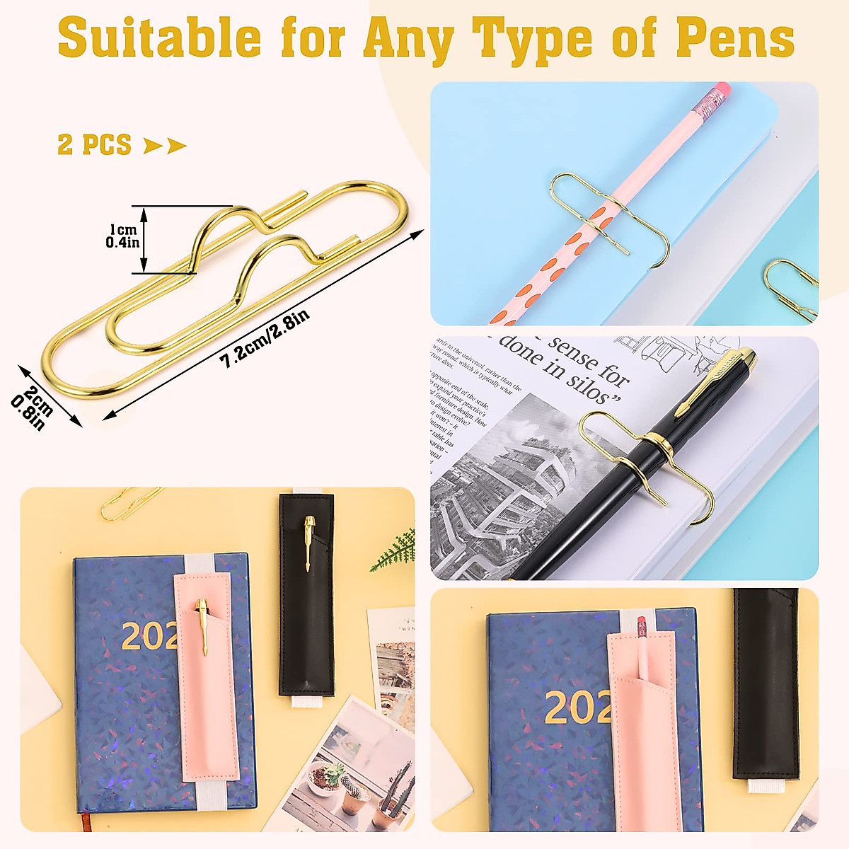 WSICSE 4Pcs Pen Holder for Notebook Set Include PU Leather Pen Holder with Adjustable Elastic Band and Metal Pen Clips for Notebooks, Journals, Planners