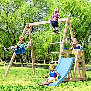 Kiriner Wooden Swing Set with Slide, Outdoor Playset Backyard Activity Playground Climb Swing Outdoor Play Structure for Toddlers, Ready to Assemble Wooden Swing-N-Slide Set Kids Climbers Natural