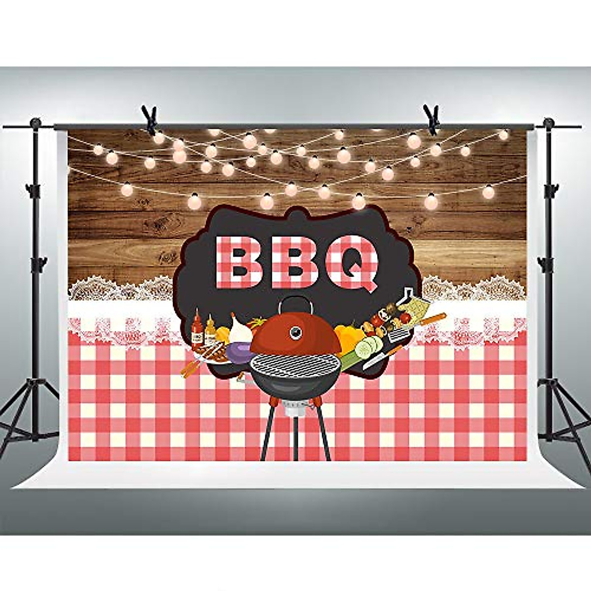 BBQ Backdrop FHZON 7x5ft Brown Wooden Board String Lights Lace Barbecue in The Wild Photo Background for Groovy Party Decorations Studio Props BJYYFH38