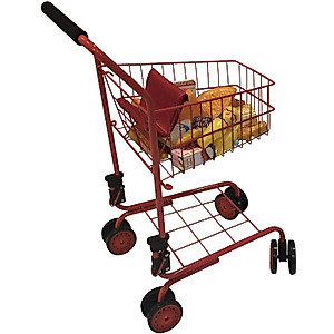 The New York Doll Collection Toy Shopping Cart for Kids and Toddler - Includes Food - Folds for Easy Storage - with Sturdy Metal Frame (Red)