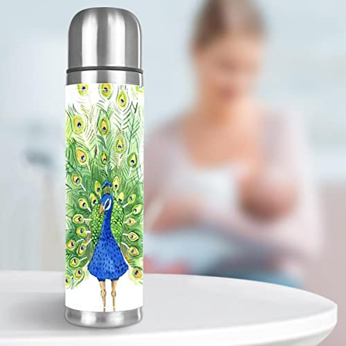 Watercolor Style Peacock Stainless Steel Water Bottle Leak-Proof, Double Walled Vacuum Insulated Flask Thermos Cup Travel Mug 17 OZ