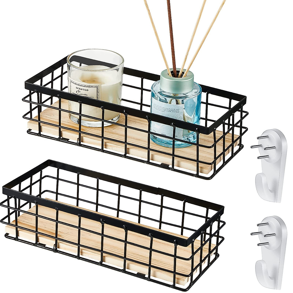2 Pieces Small Metal Wire Basket Toilet Paper Basket Black Wire Bathroom Storage Organizer with Wooden Base Rectangular Wall Mounted Metal Basket for Kitchen Countertop (9.84 x 3.94 x 2.76 Inches)