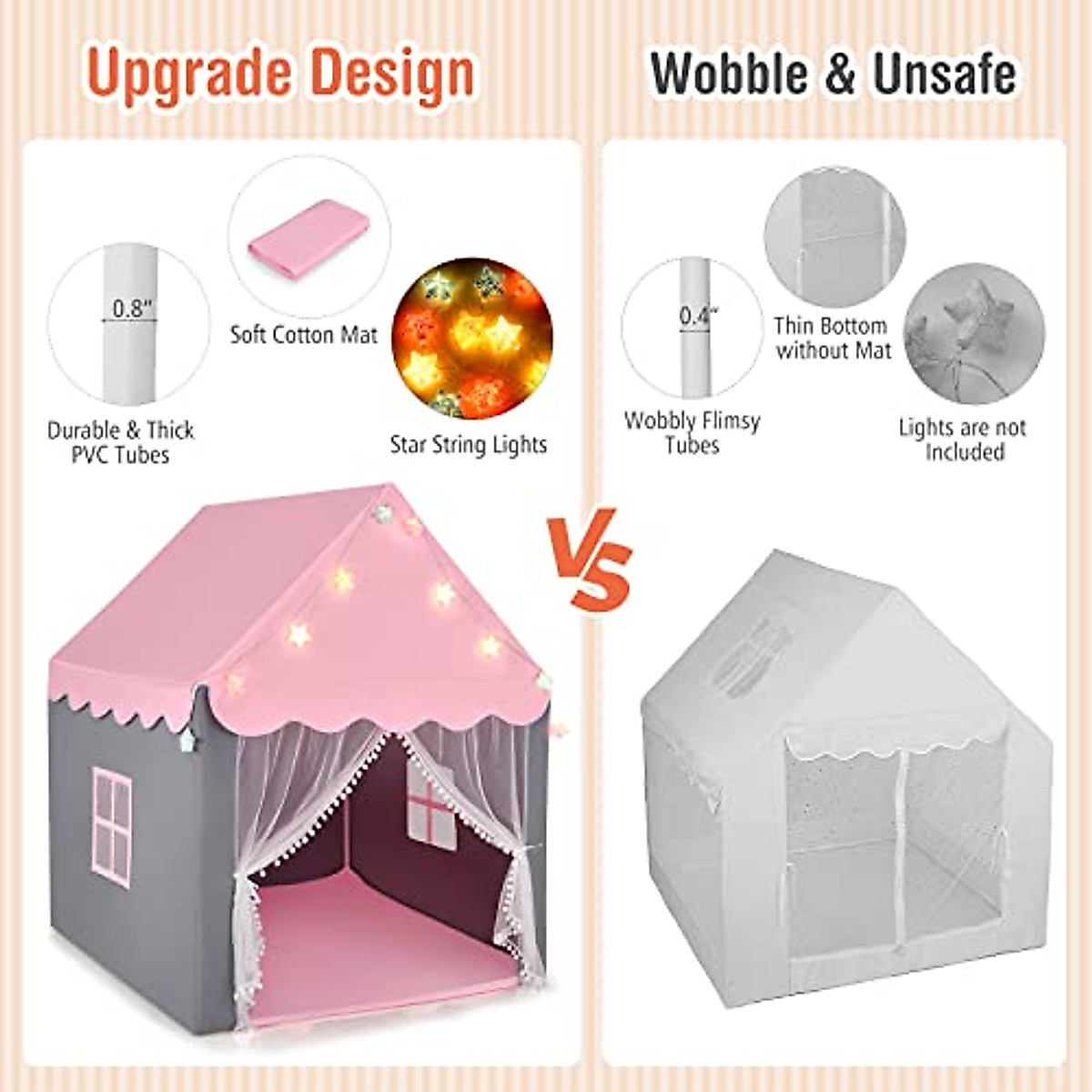 Costzon Kids Play Tent, Playhouse Tent w/Washable Cotton Mat, Star String Lights, Windows, Bottom Zippers, Large Indoor & Outdoor Castle Fairy Tent, Easy Assembly, Gifts for Boys & Girls (Pink)