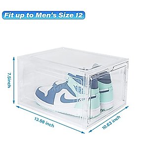 YOLOPARK Drop Front Shoe boxes Clear Plastic Stackable 6 Pack Sneaker Display Case with Magnetic Door Shoe Containers for Closet with Lids, Shoe Storage Boxes Fit Size Up to US 12.5