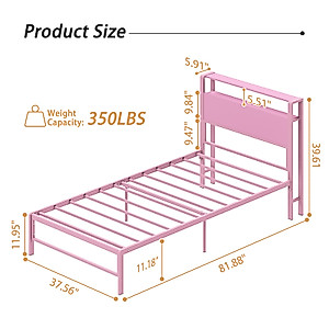 Weehom Twin Bed Frames for Kids with 2 Tiers Wood Storage Shelves Headboard, Twin Size Bed No Box Spring Needed Under Bed Storage Space Metal Platform for Girls and Adults, Pink