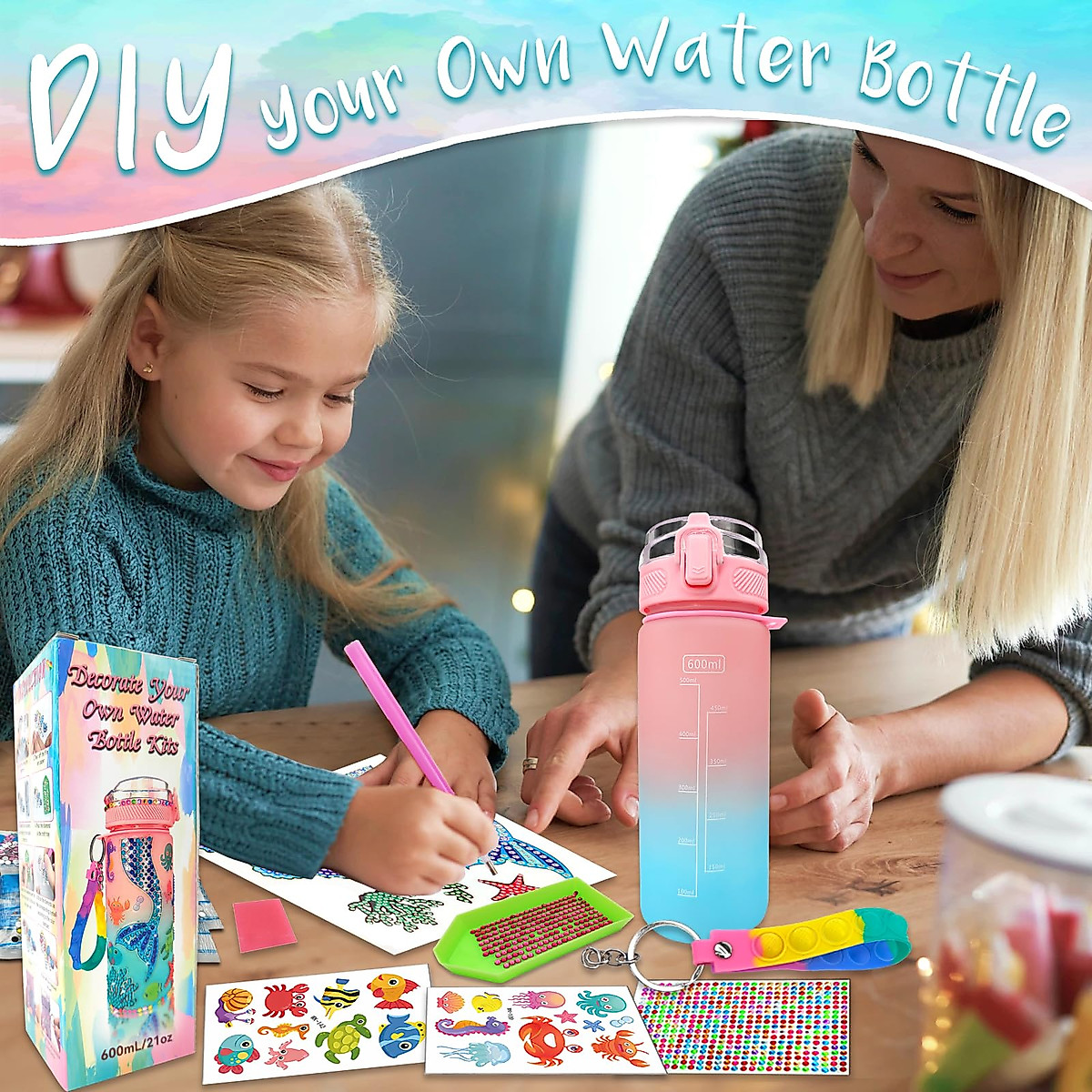 EDsportshouse Decorate Your Own Water Bottle Kits for Girls Age 4-6-8-10,Mermaid Painting Crafts,Fun Arts and Crafts Gifts Toys for Girls Birthday Christmas(Mermaid)