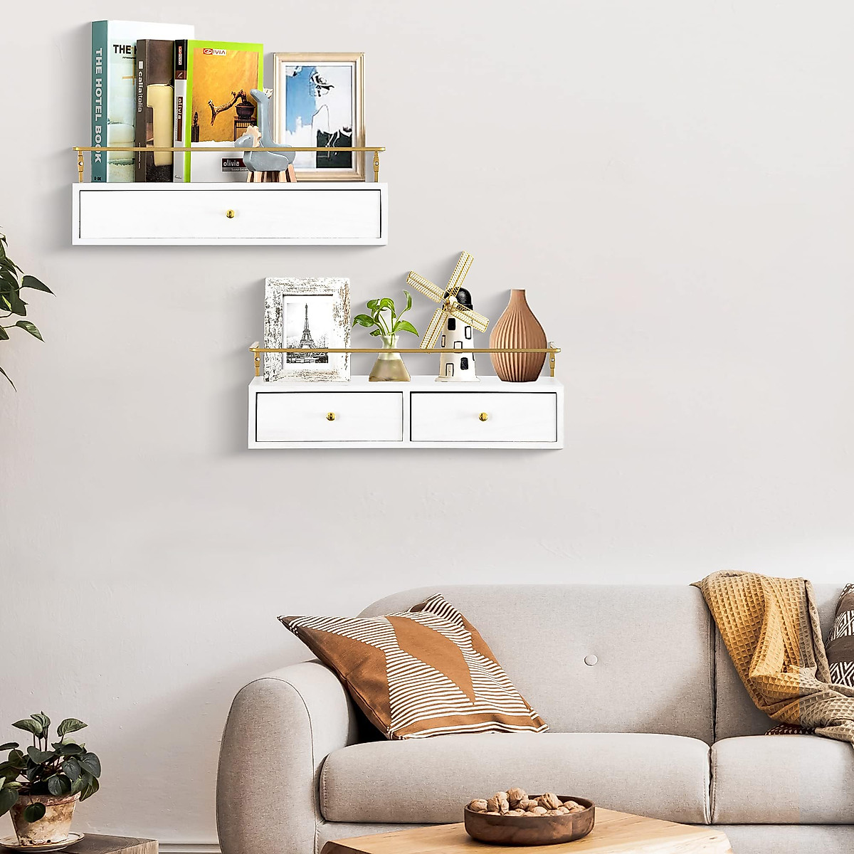 dreampossible Floating Shelves for Wall Storage, Wall Mounted Bathroom Shelf with Drawers Set of 2, Rustic Wood Floating Drawers for Living Room, Kitchen, Wall Decor, Plants, Books