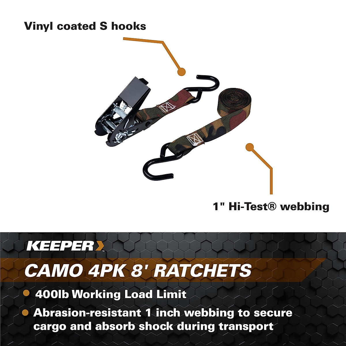HAMPTON PROD Keeper 03508-V Camo 4PK 8' Ratchets, 400 lbs Working Load Limit
