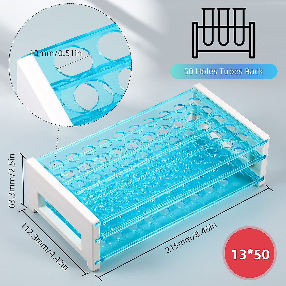 Annhua Test Tube Rack Plastic Lab Tube Stand for 13mm Tubes, 50 Holes Tes Tube Holder Tray Lab Tube Holder Rack Small for Scientific Experiments - Detachable (Single)