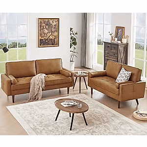 HIFIT Sofa Couch Set for Living Room, Mid Century Modern Faux Leather Sofa with Deep Love Seat & Fluffy Cushion, Living Room Furniture Sets, Small Sectional Couch for Bedroom/Office/Small Space, Brown