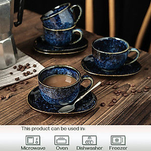 vicrays 6.5 oz Cappuccino Cups with Saucers, Set of 4, Ceramic Coffee Cup for Au Lait, Double shot, Latte, Cafe Mocha, Tea (Starry Blue)